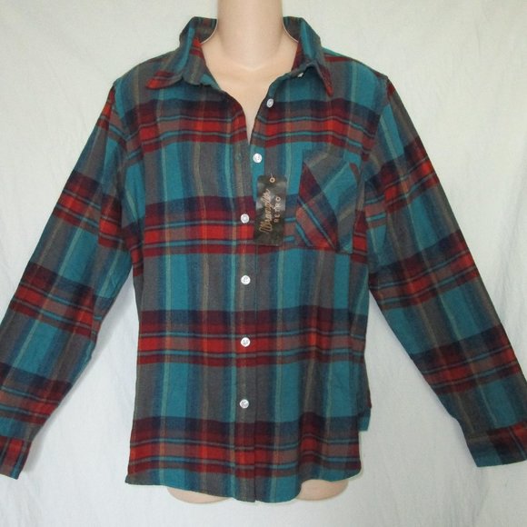 Wrangler | Tops | Wrangler Retro Teal Rust Plaid Flannel Shirt | Poshmark